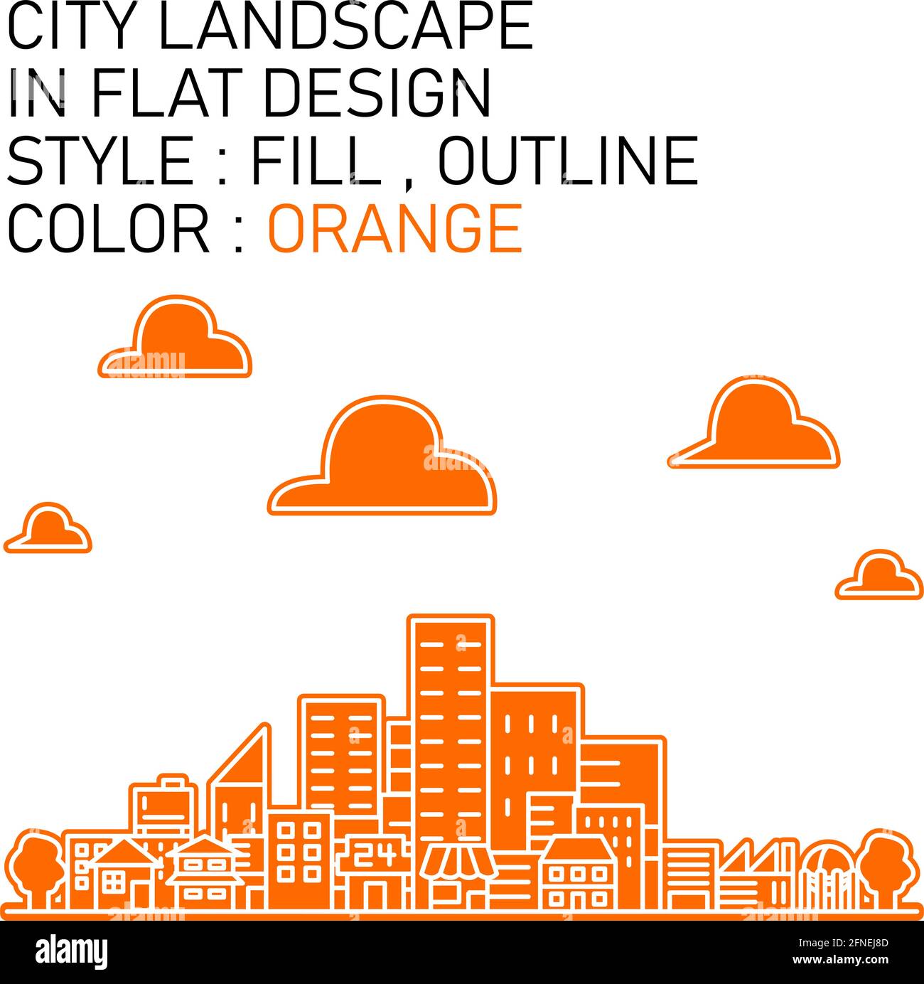 city landscape in silhouette design with white lines, orange fills ...