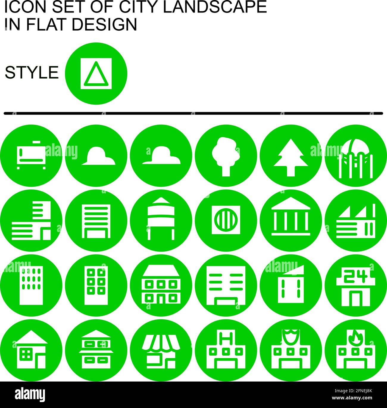 City landscape icon set in flat design with green lines, white fills ...