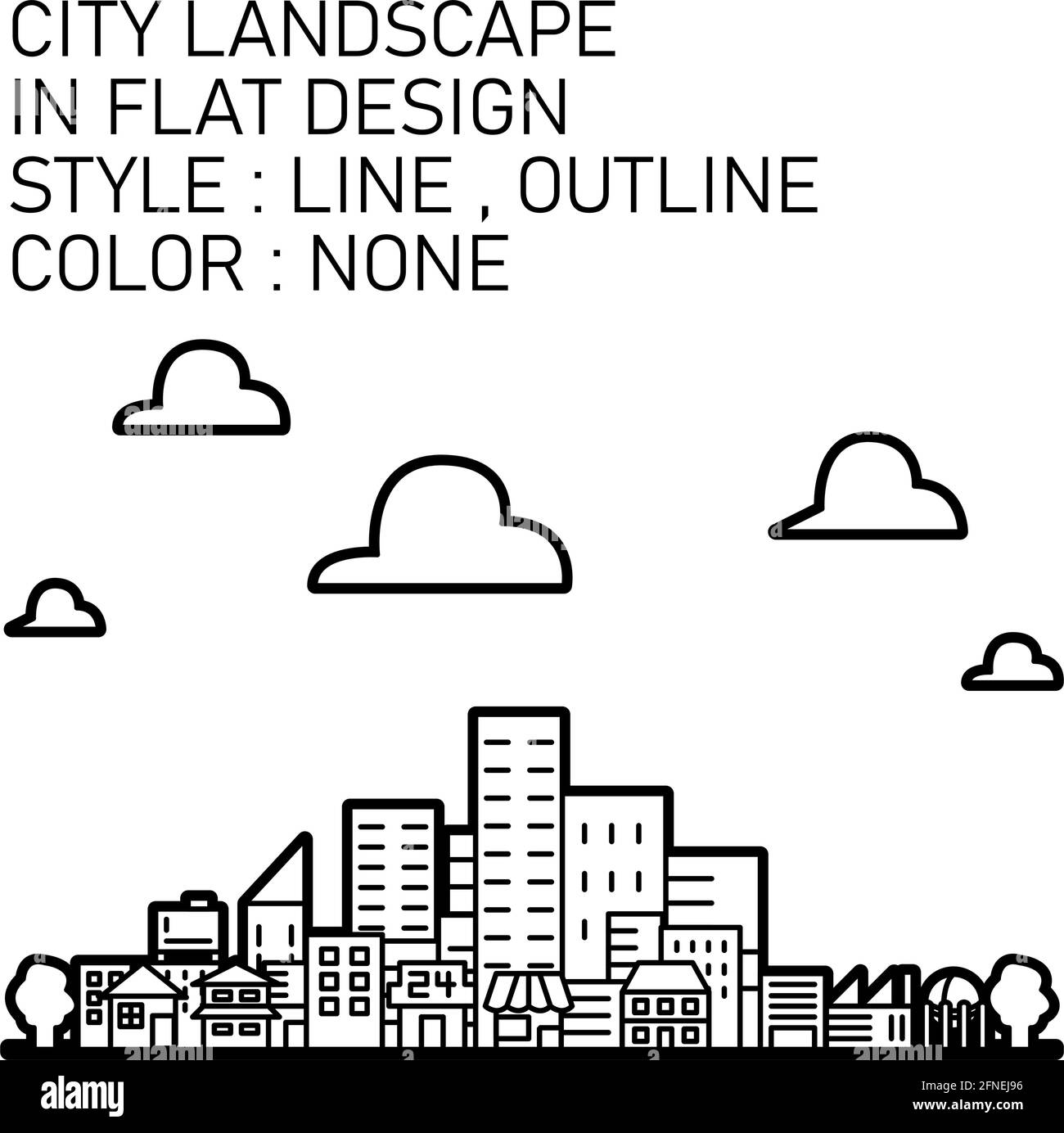 city landscape in flat design with black lines, white fills, black ...