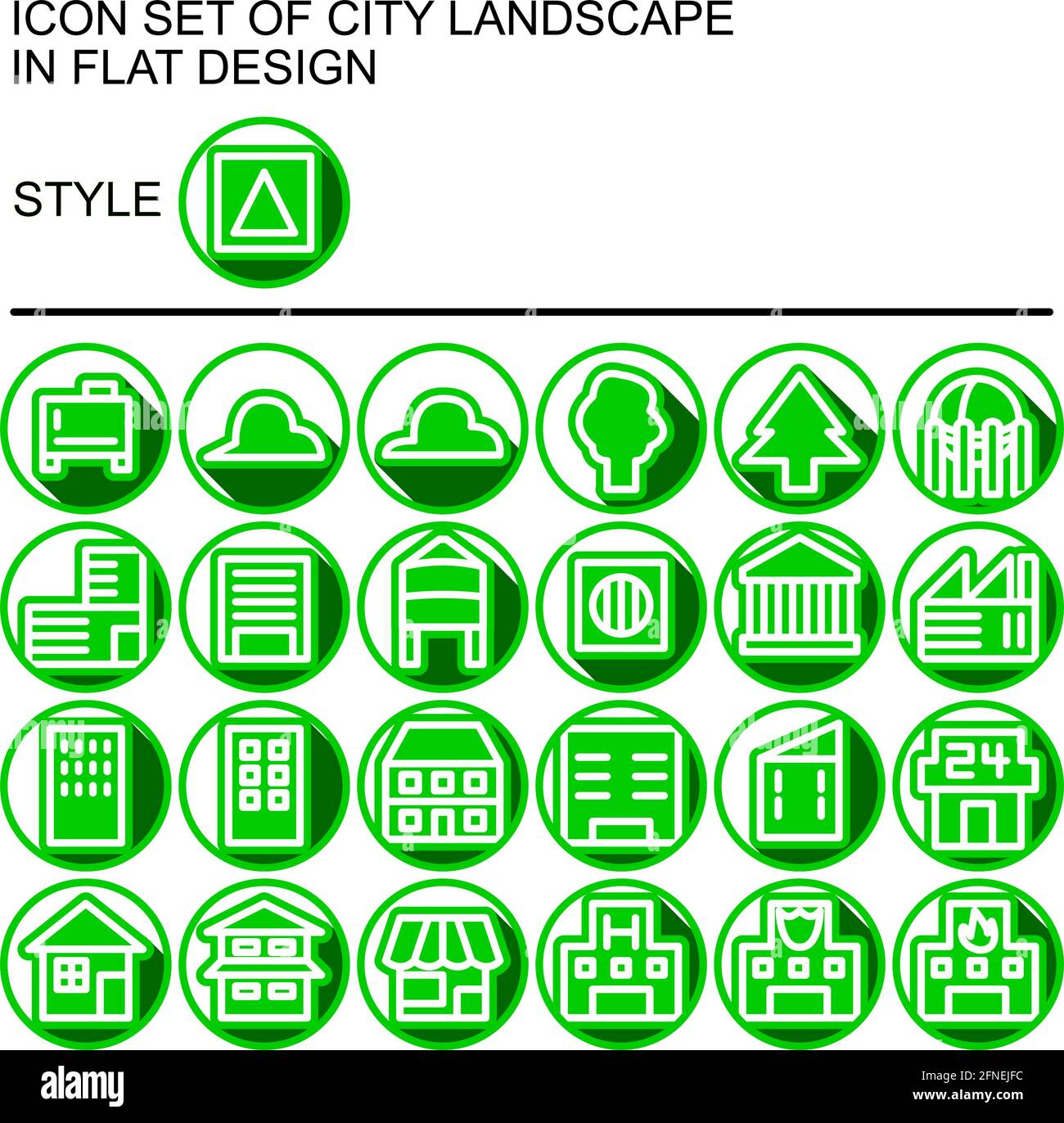 City landscape icon set in flat design with white lines, green fills ...