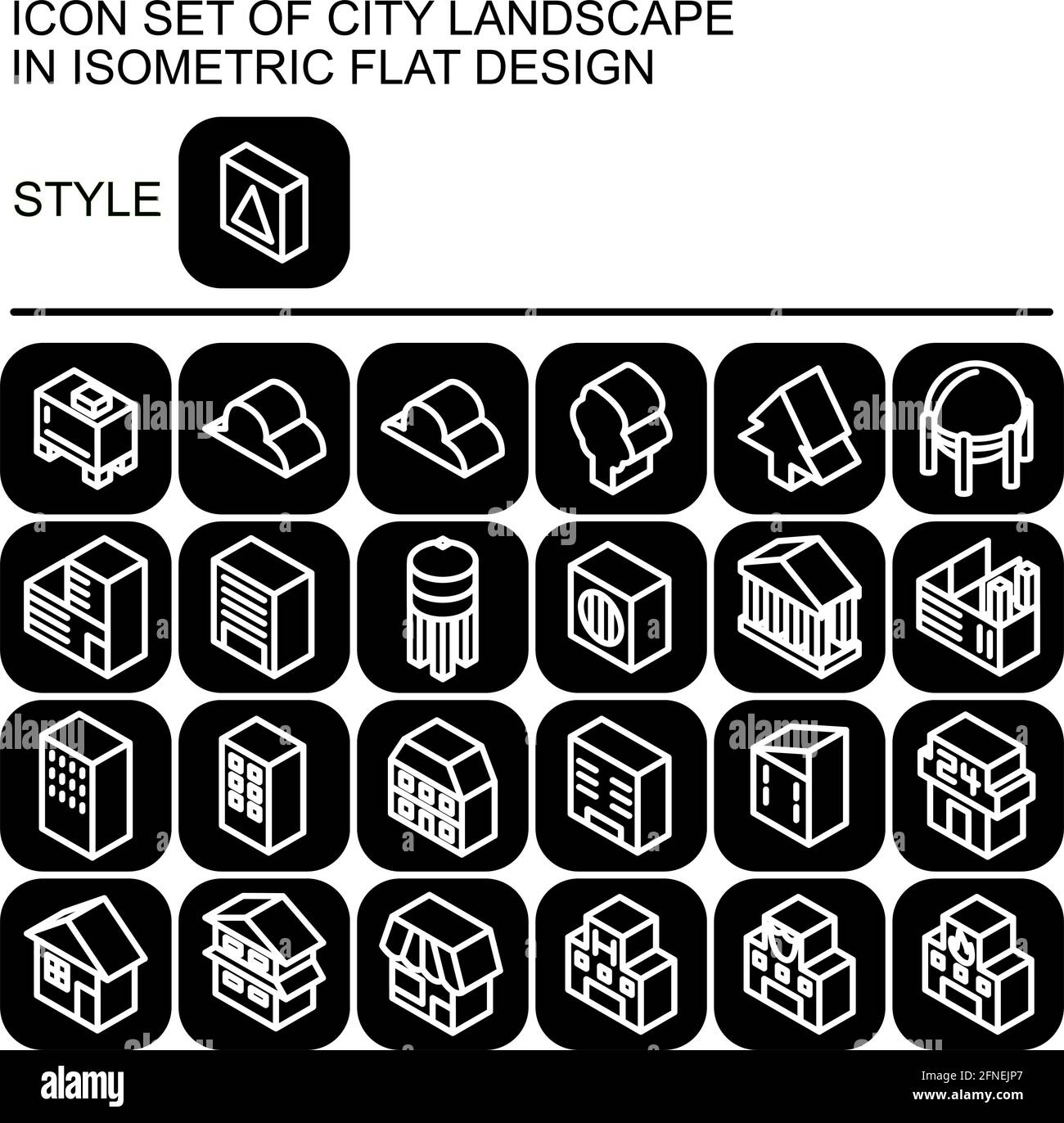 City landscape icon set in isometric flat design with white lines ...