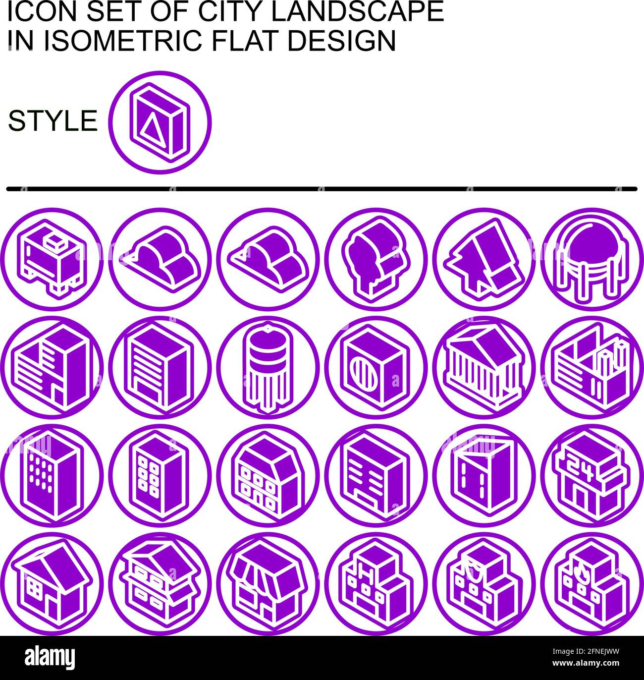City landscape icon set in isometric flat design with white lines ...