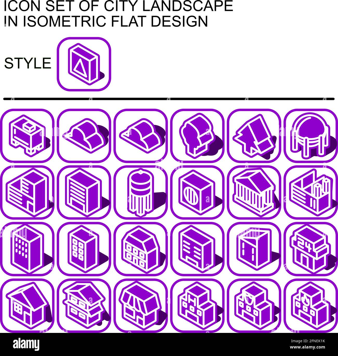 City landscape icon set in isometric flat design with white lines ...