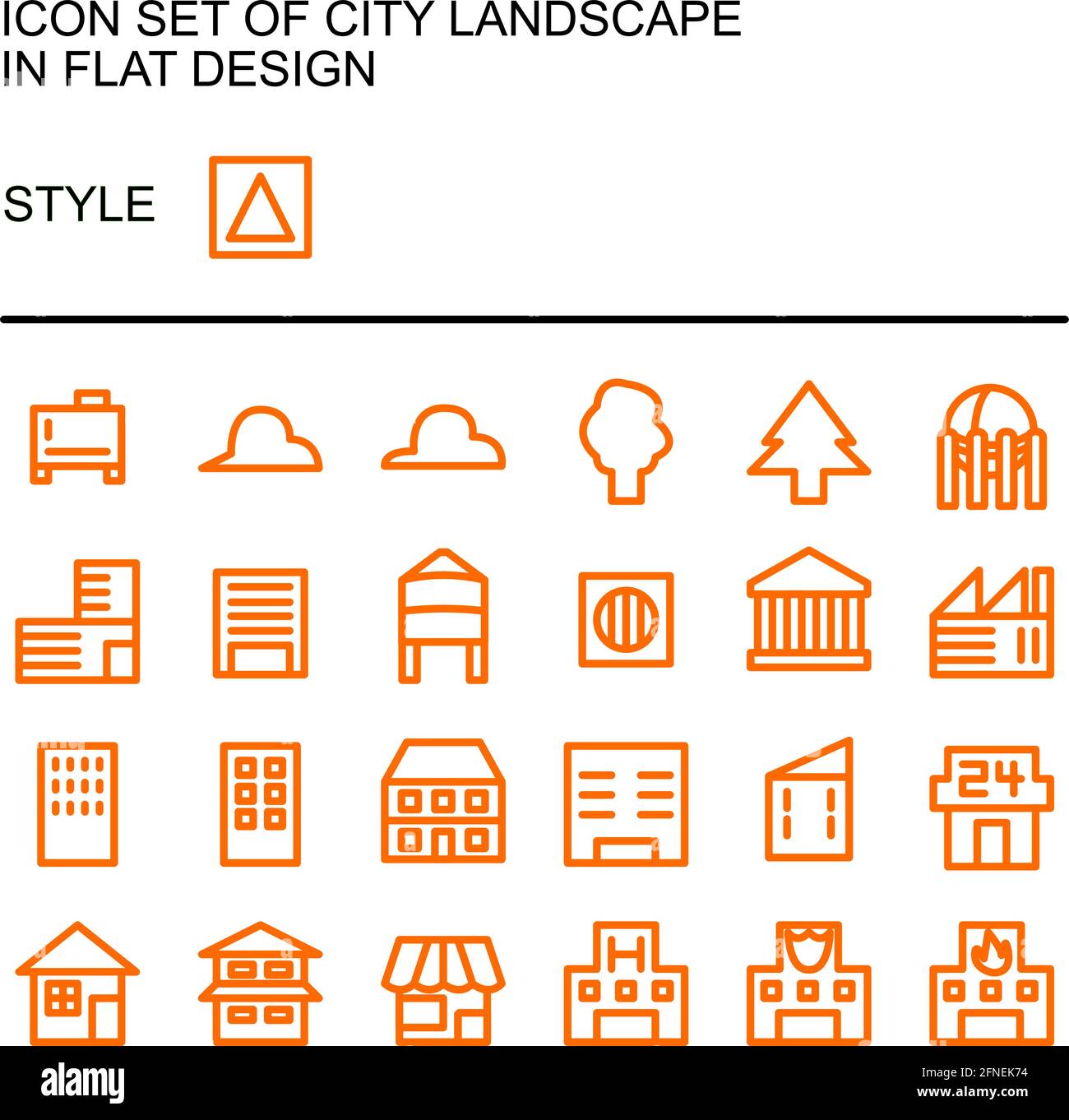 City landscape icon set in flat design with orange lines, white fills ...