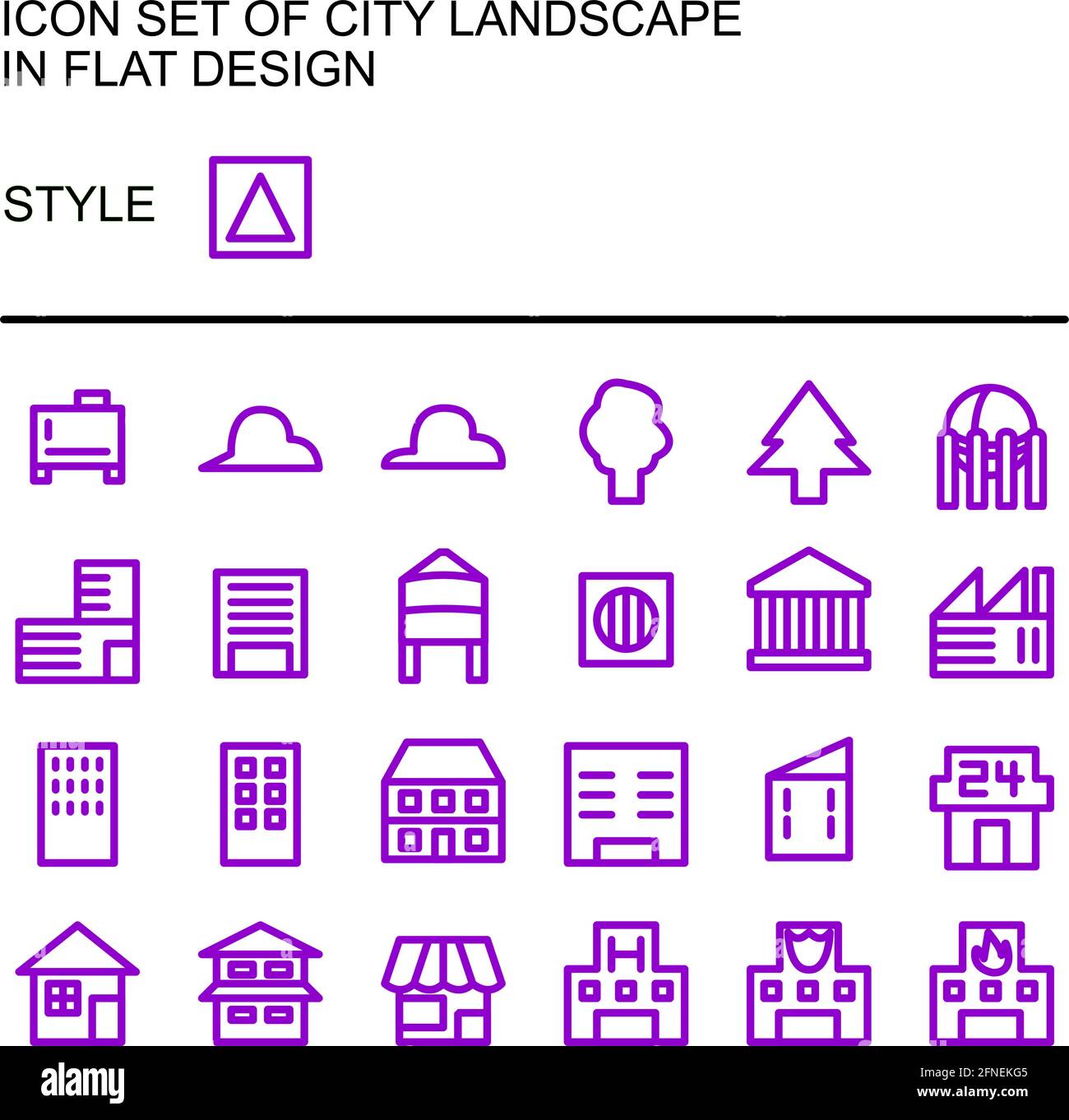 City landscape icon set in flat design with purple lines, white fills ...