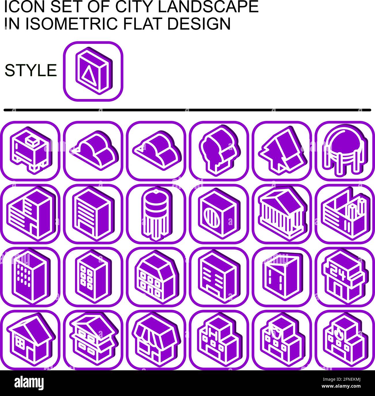 City landscape icon set in isometric flat design with white lines ...