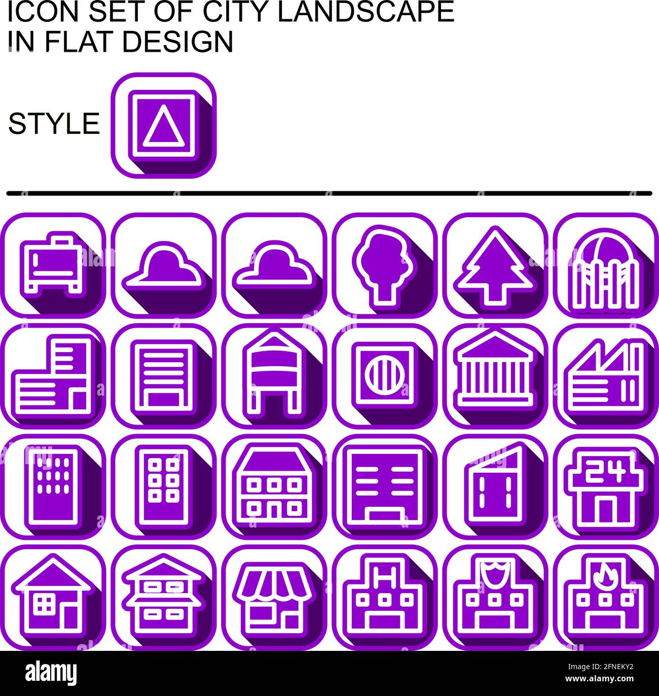City landscape icon set in flat design with white lines, purple fills ...