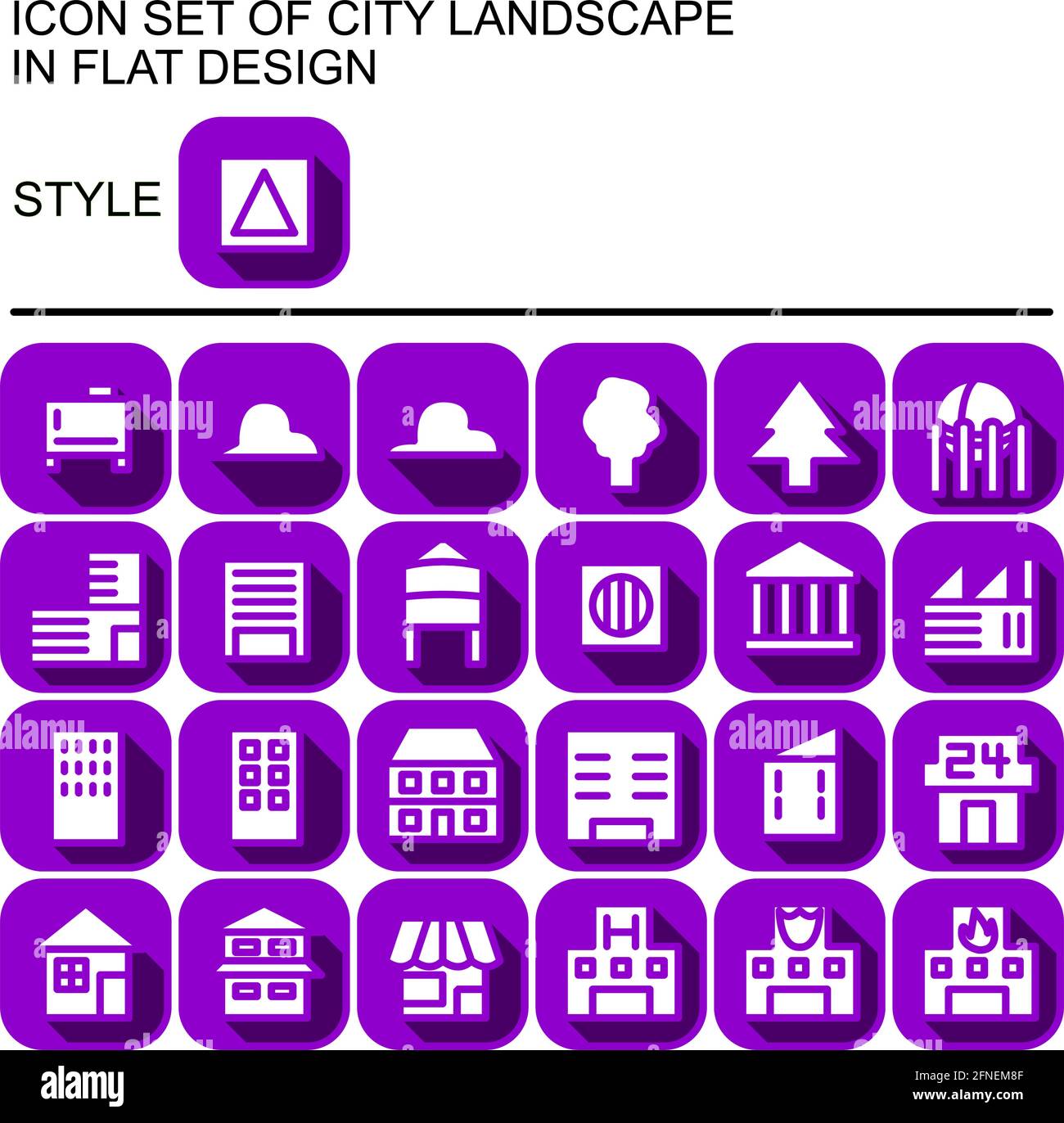 City landscape icon set in flat design with purple lines, white fills ...