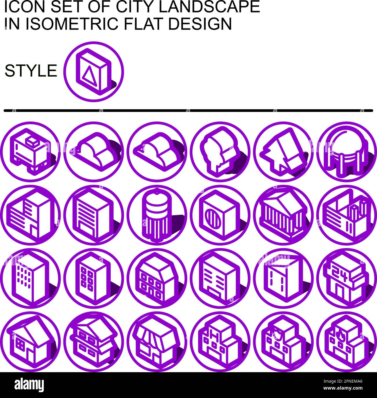 City landscape icon set in isometric flat design with purple lines ...