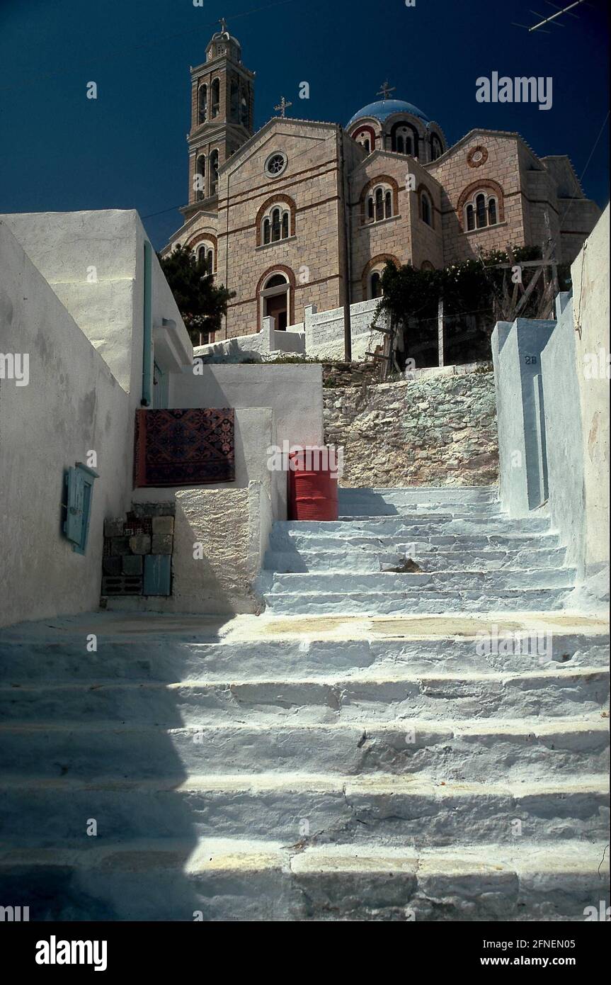 A steep staircase leads to the main church of Andros, the northernmost ...