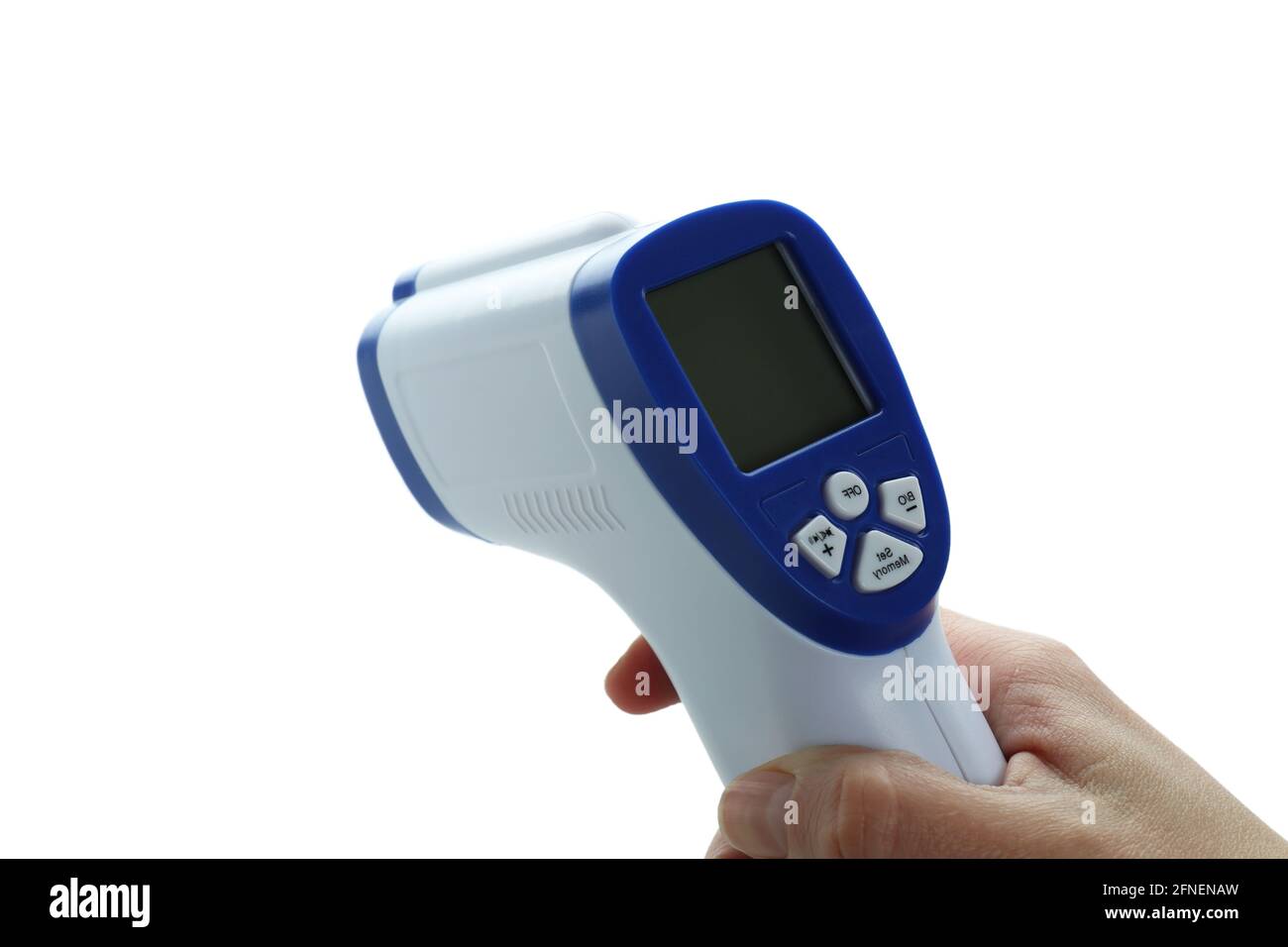 Female hand hold thermometer gun, isolated on white background Stock ...