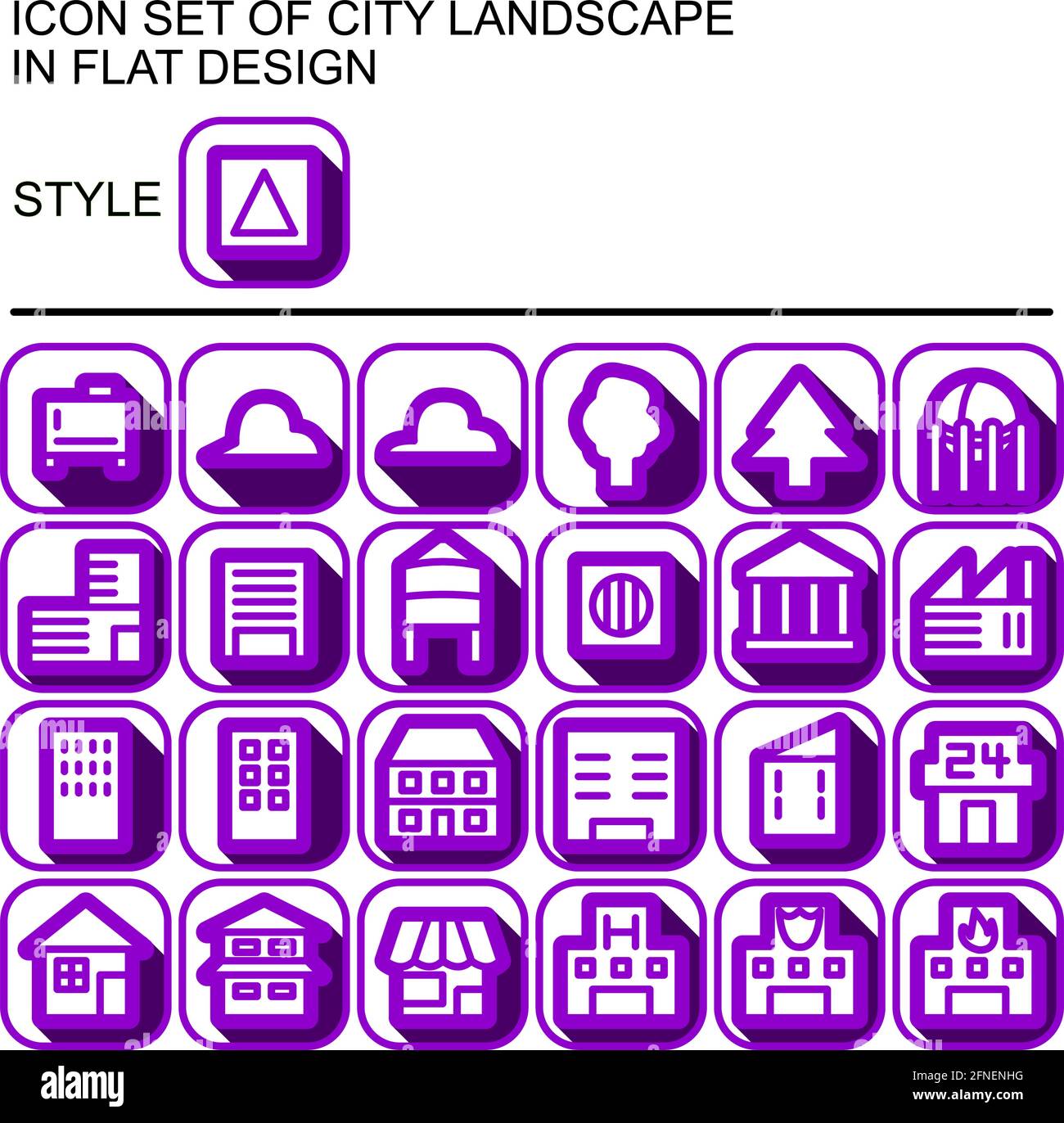 City landscape icon set in flat design with purple lines, white fills ...