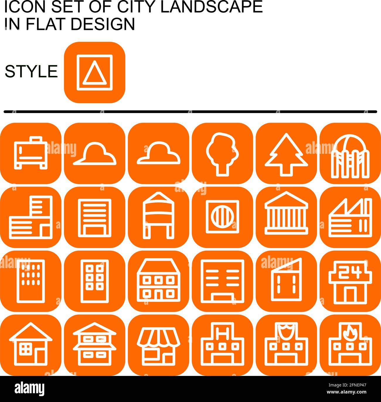 City landscape icon set in flat design with white lines, orange fills ...