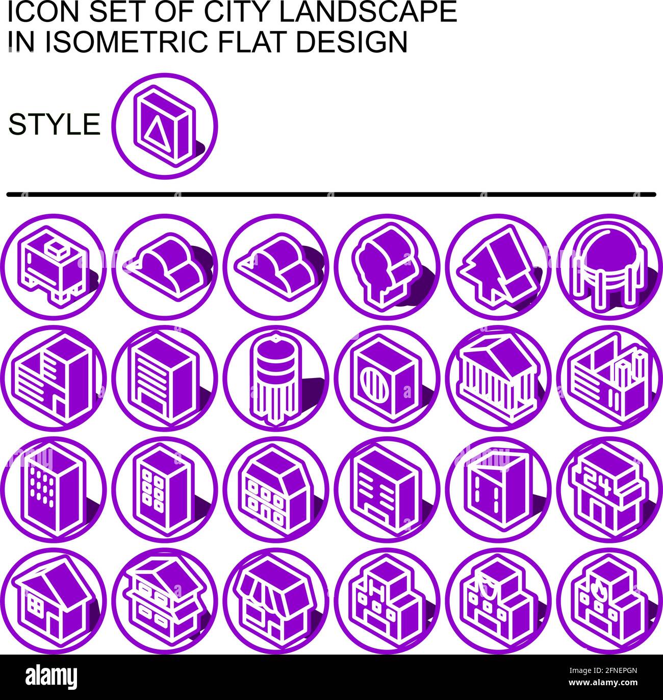 City landscape icon set in isometric flat design with white lines ...