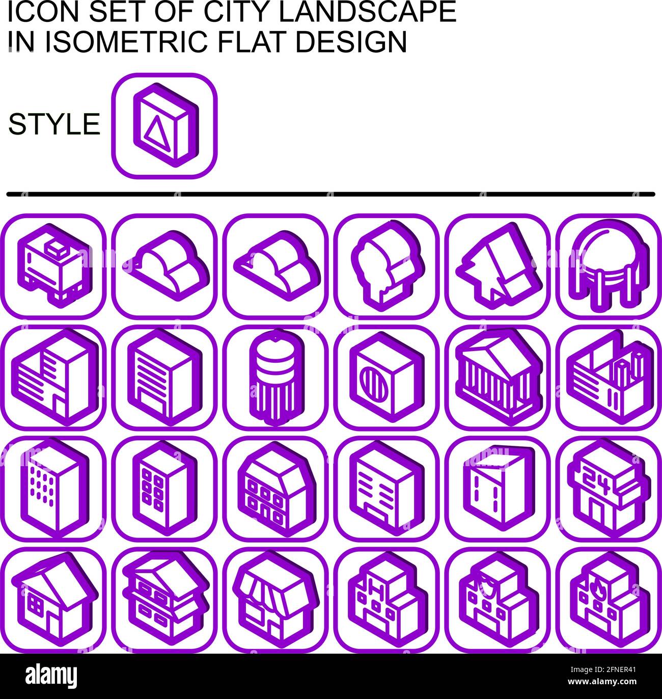 City landscape icon set in isometric flat design with purple lines ...