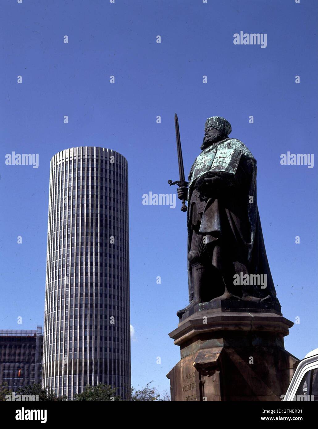 The Hanfried Monument to Elector Johann-Friedrich in front of the tower ...
