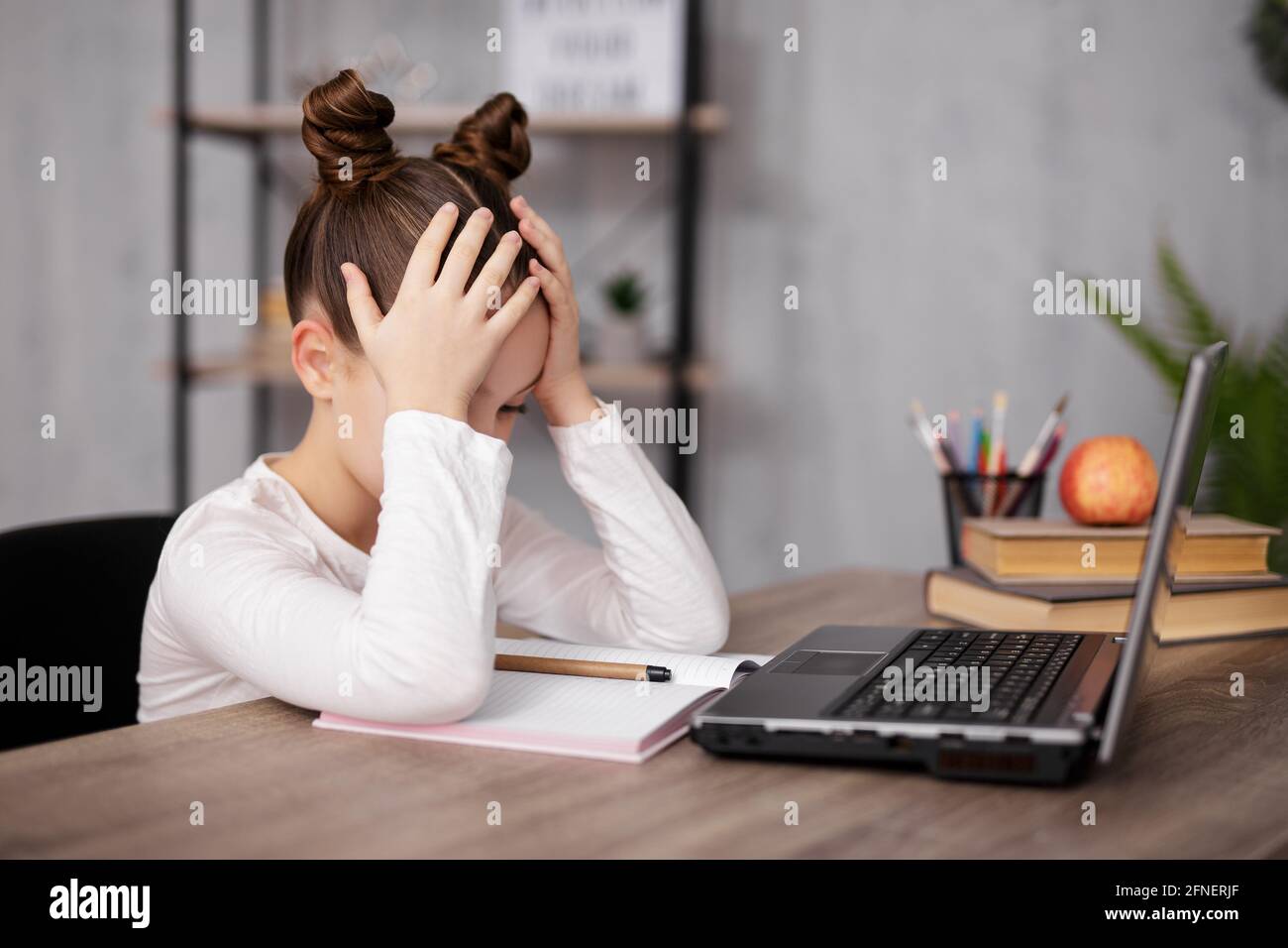 school, homework, distance education and stress concept - portrait of ...