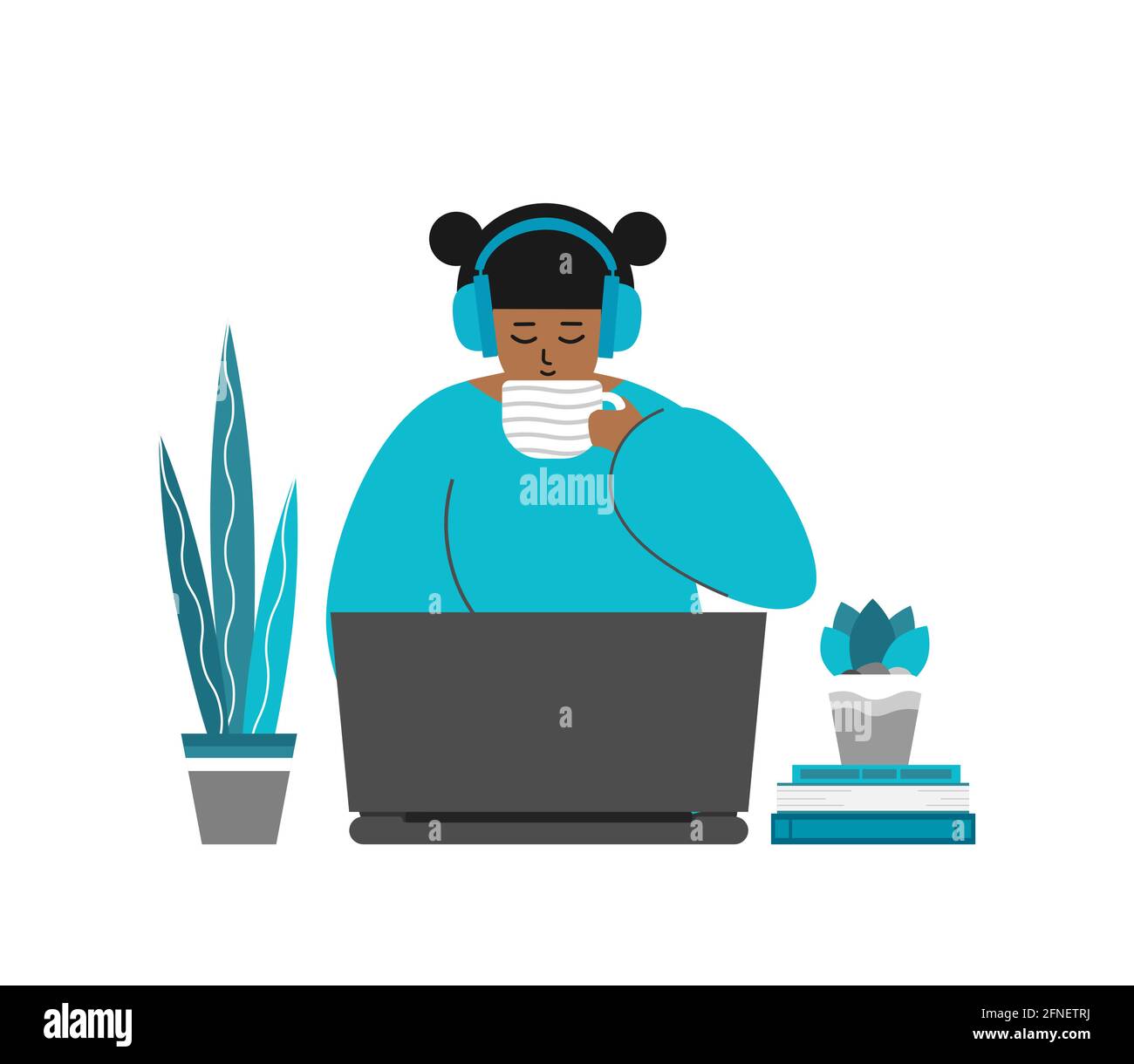 Vector isolated flat illustration. Adult young Asian woman sits with ...