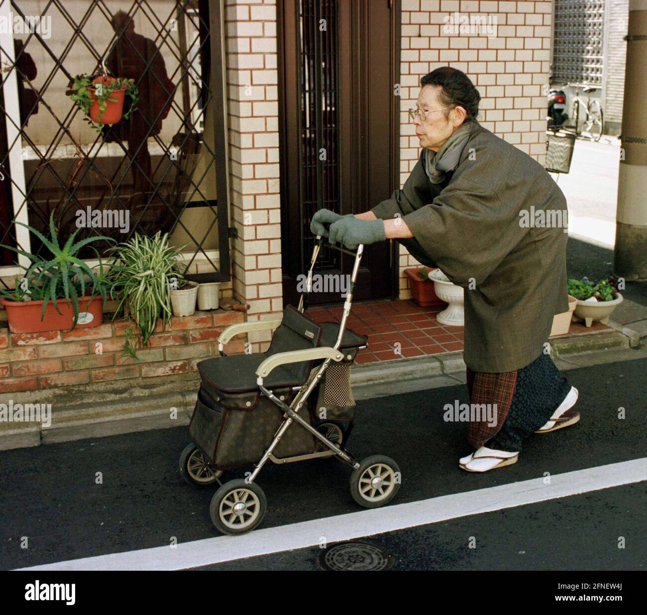 An old stooped woman pushes her shopping cart in front of her ...