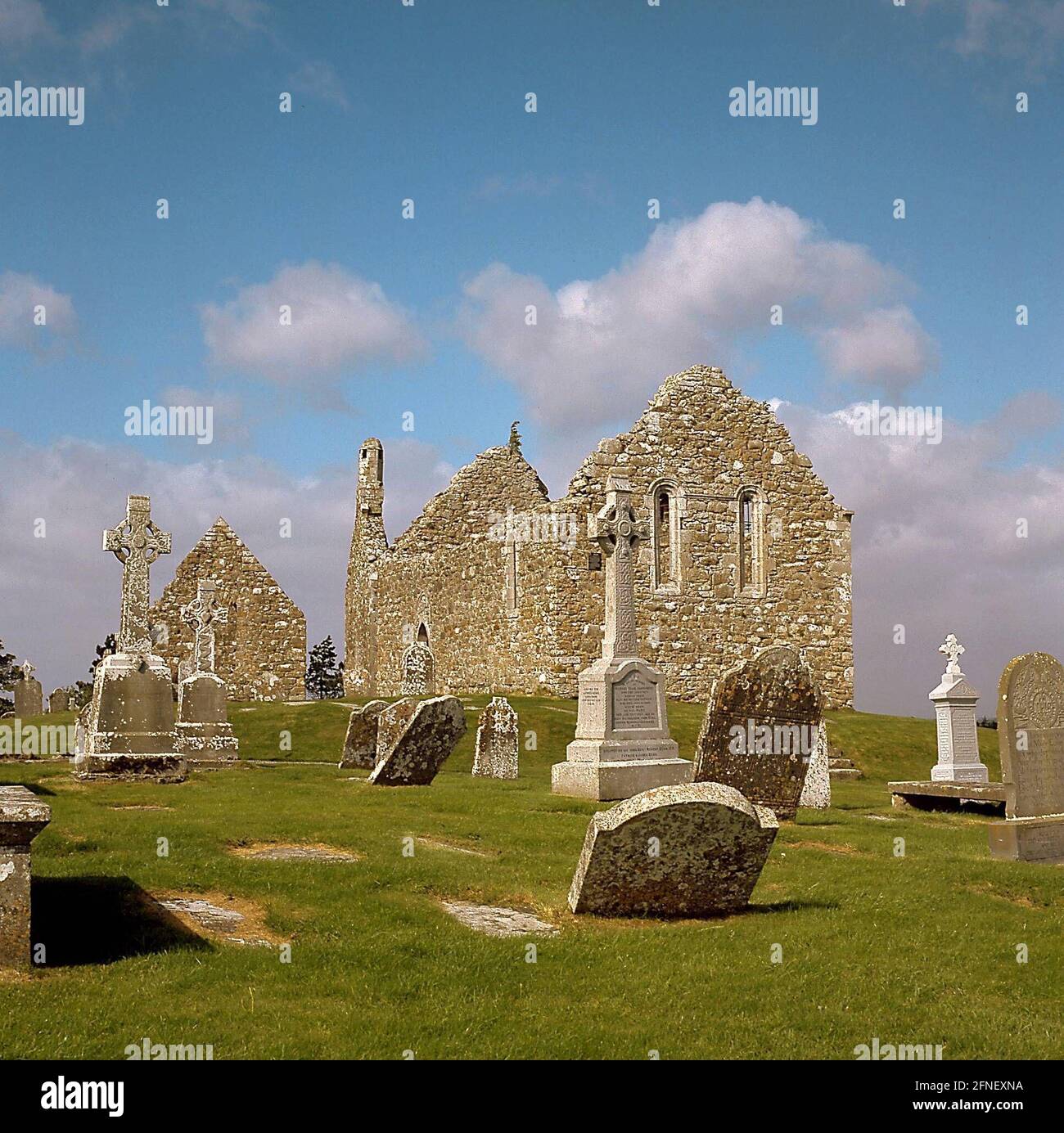Monastic cemetery in Clonmacnoise with Temple Kelly and Temple Ciaran ...