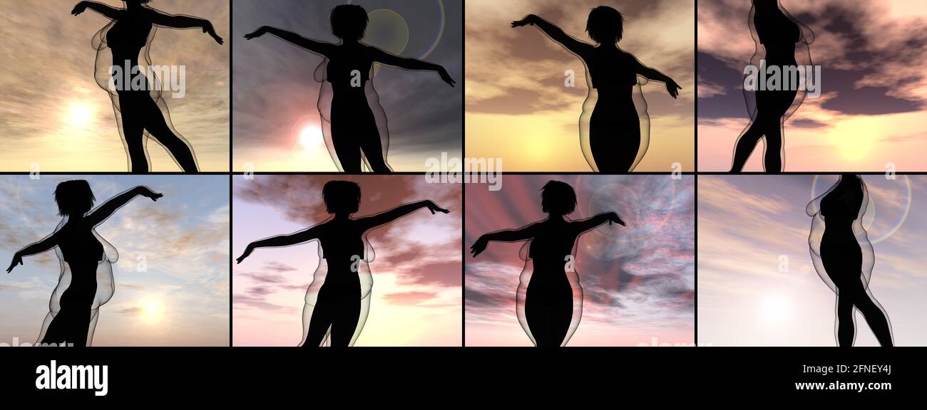 Conceptual fat overweight obese female vs slim fit healthy body after ...