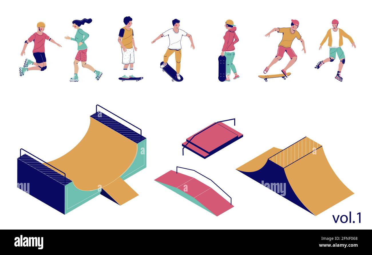 Skate park set, vector flat isometric illustration Stock Vector Image ...