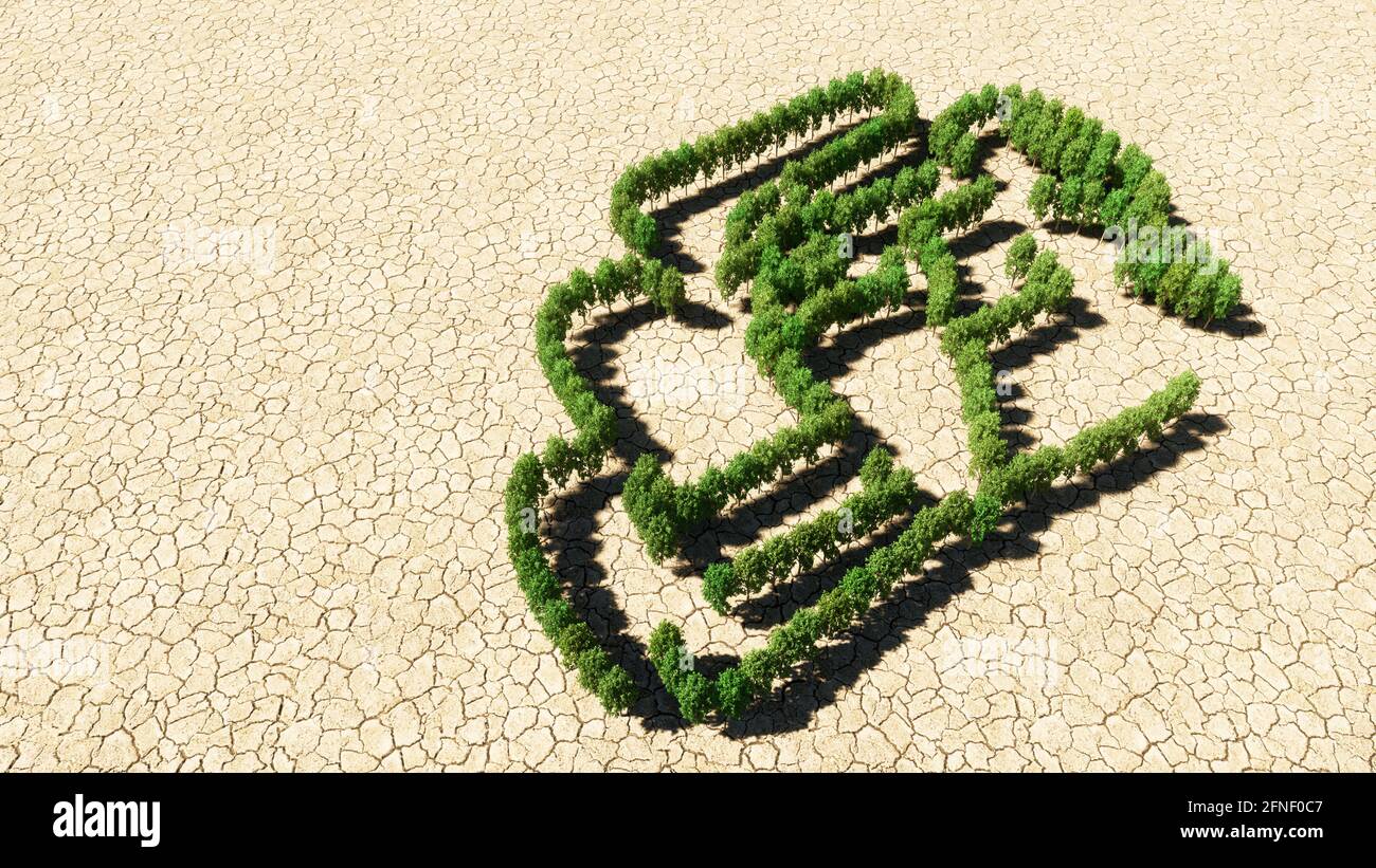 Concept or conceptual group of green forest tree on dry ground ...