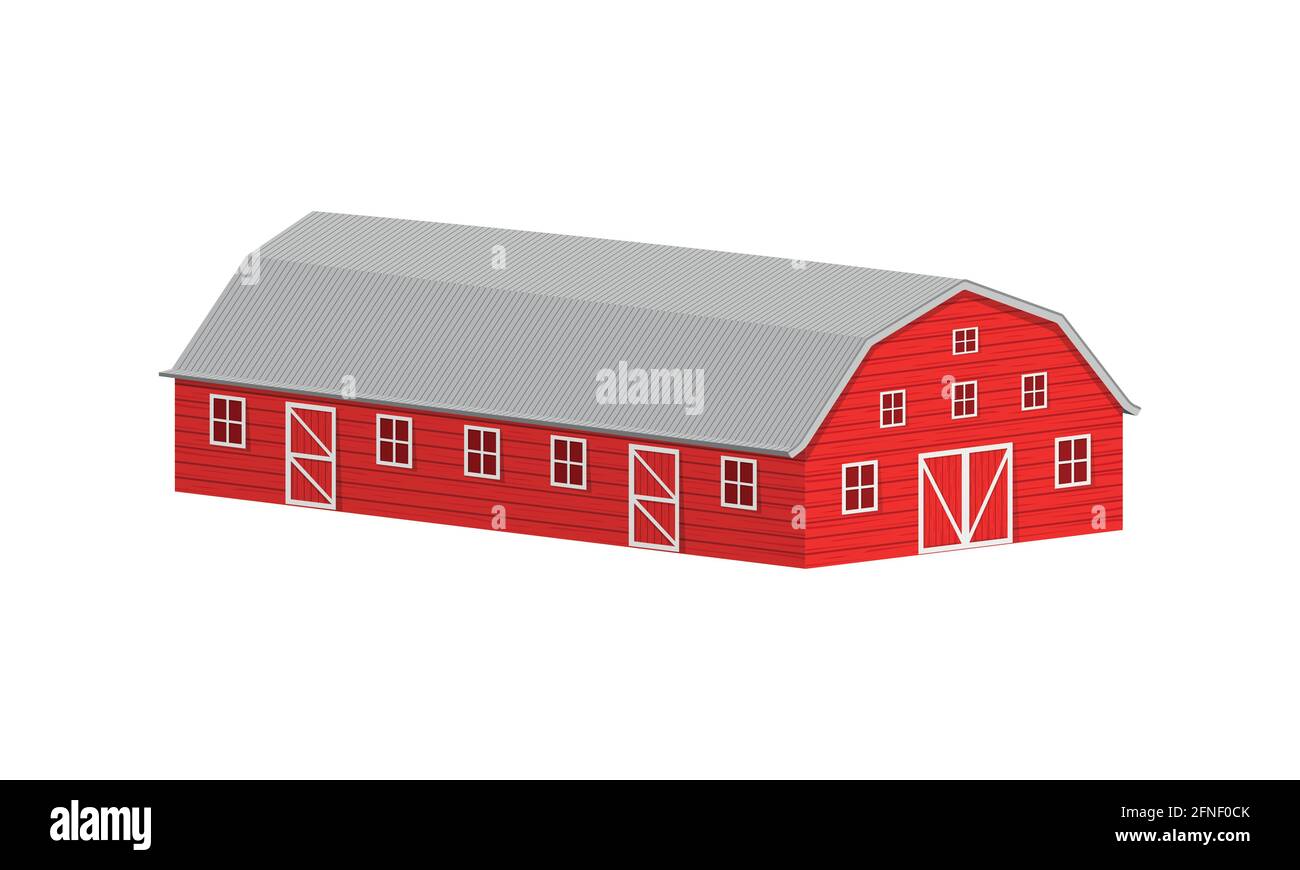 Wooden red barn with steel roof isometric projection. Farm warehouse ...