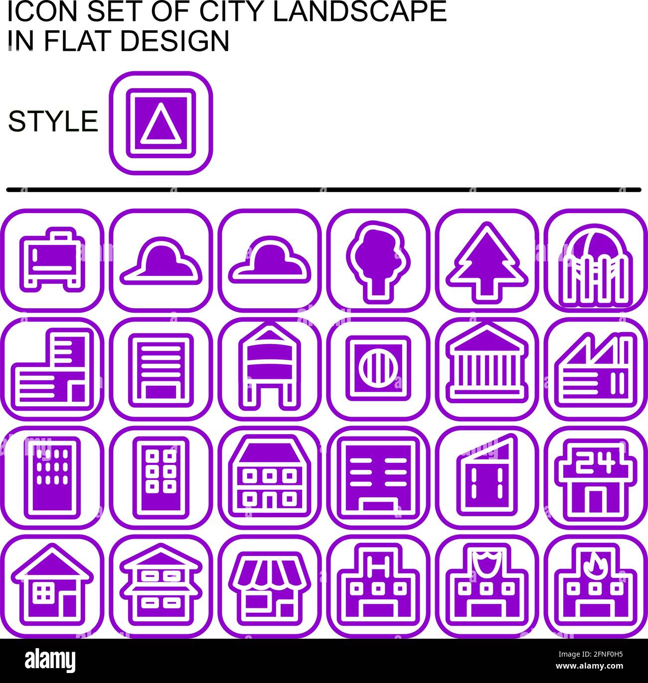 City landscape icon set in flat design with white lines, purple fills ...