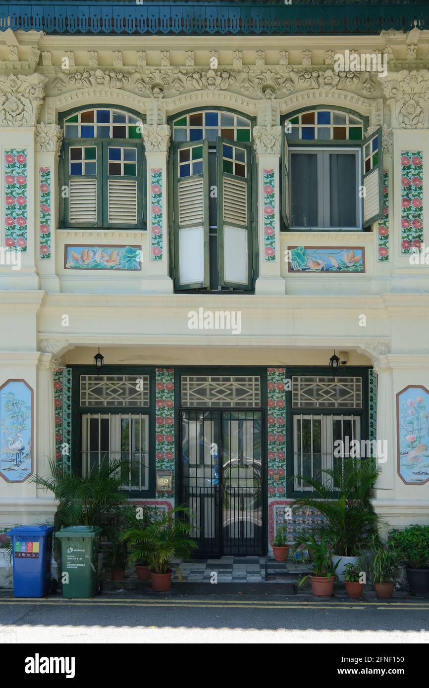 Front view of conserved pre-war terrace houses designed in Chinese ...