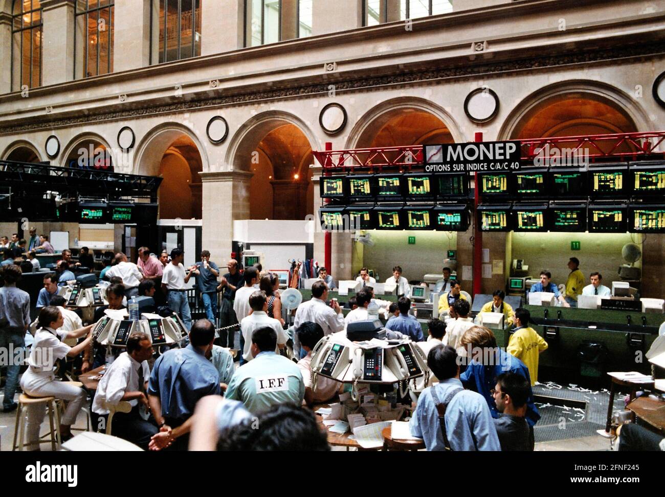View of the interior of the stock exchange in Paris. [automated ...