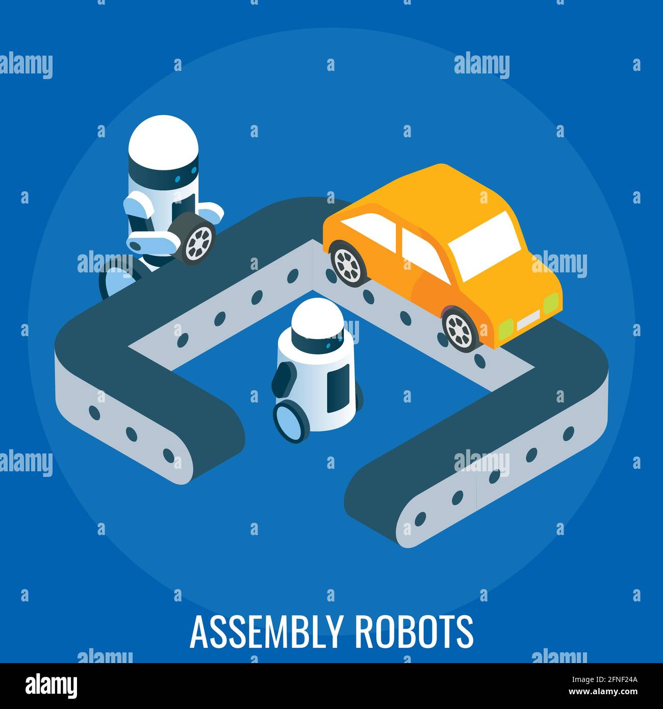 Car factory automated line, assembly robots, vector isometric ...