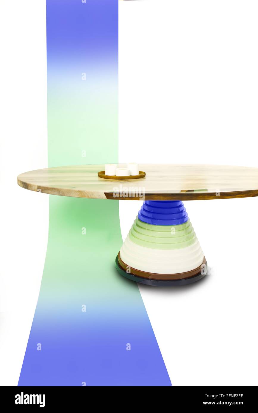 Modern wooden table with retro elements from the 80s Stock Photo - Alamy