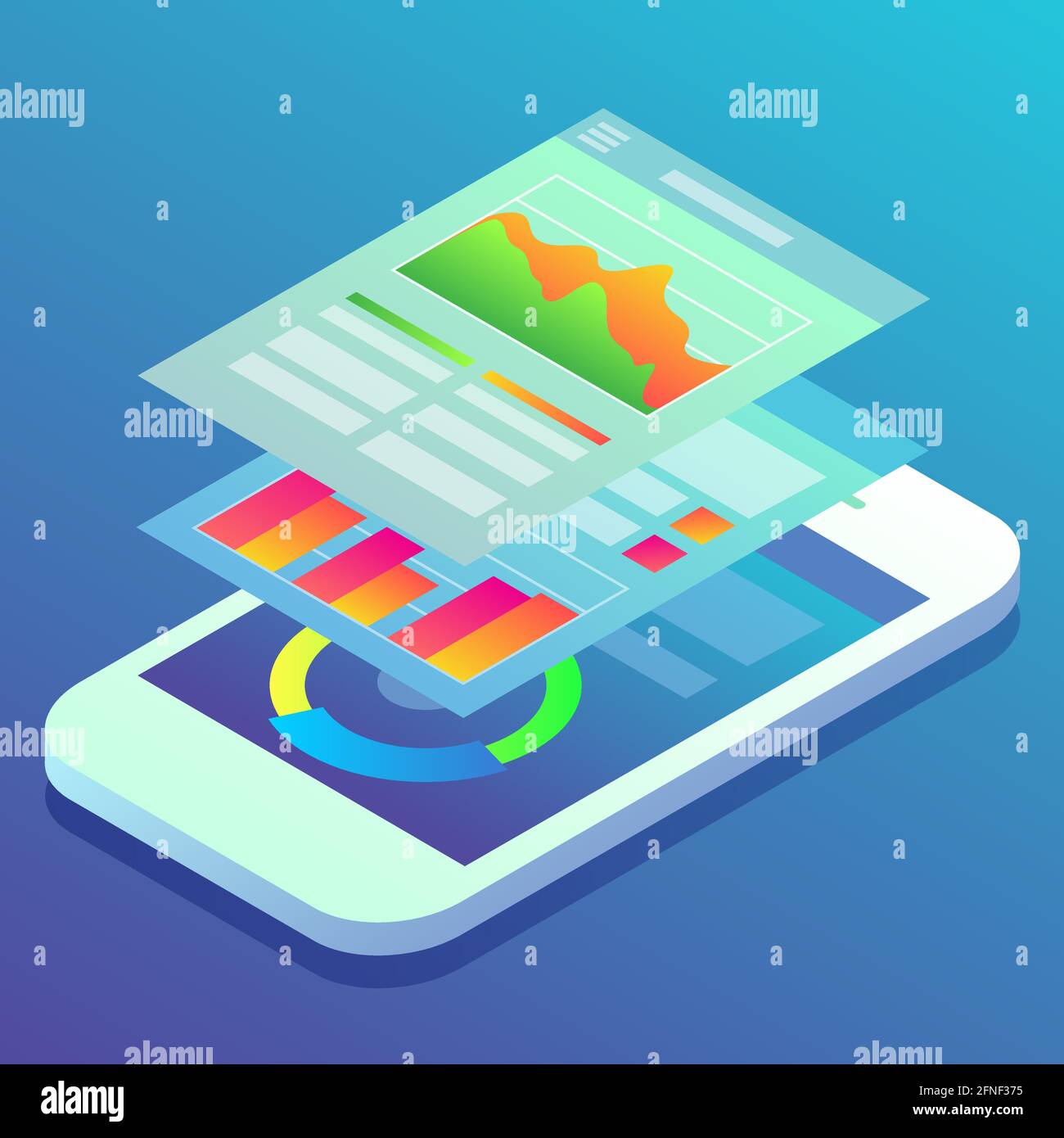 Mobile analytics concept flat vector illustration. Isometric smartphone ...