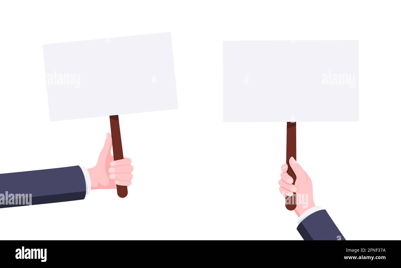 Hand hold blank protest banner plates sign business concept flat style ...