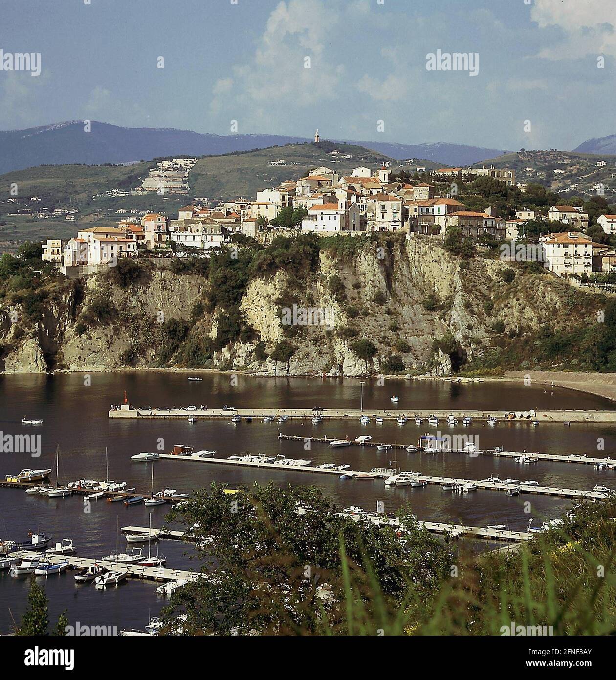 Town view and harbour of Agropoli on the coast of Cilento in Italy ...