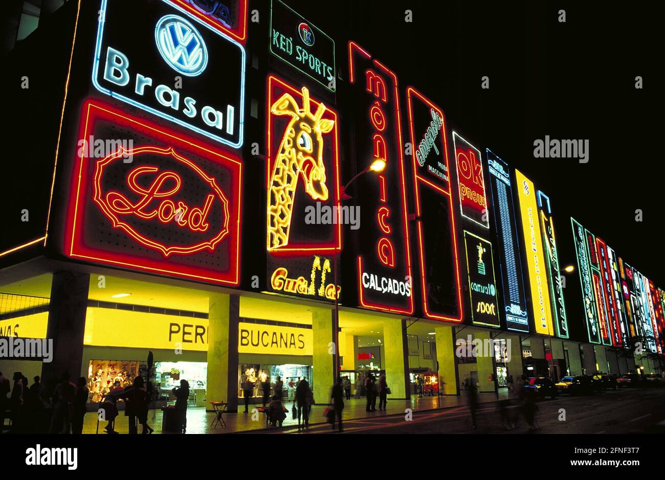 Neon signs above a shopping mall in Brasilia at night. [automated ...