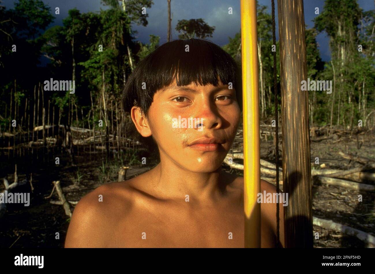 Portrait of a young warrior of the Yanomami tribe in Shabono ...