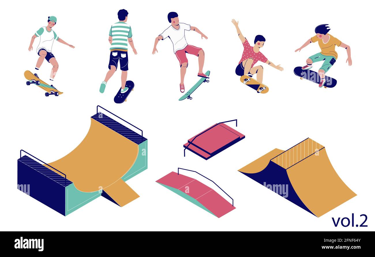 Skate park set, vector flat isometric illustration Stock Vector Image ...