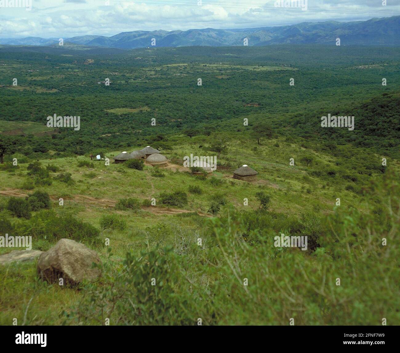 Landscape in the South African province of Kwa Zulu-Natal with a Zulu ...