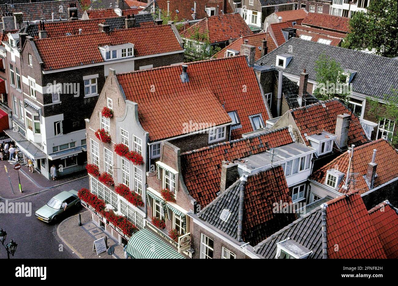 Bird's eye view of the Dutch city Delft. View from the church tower ...