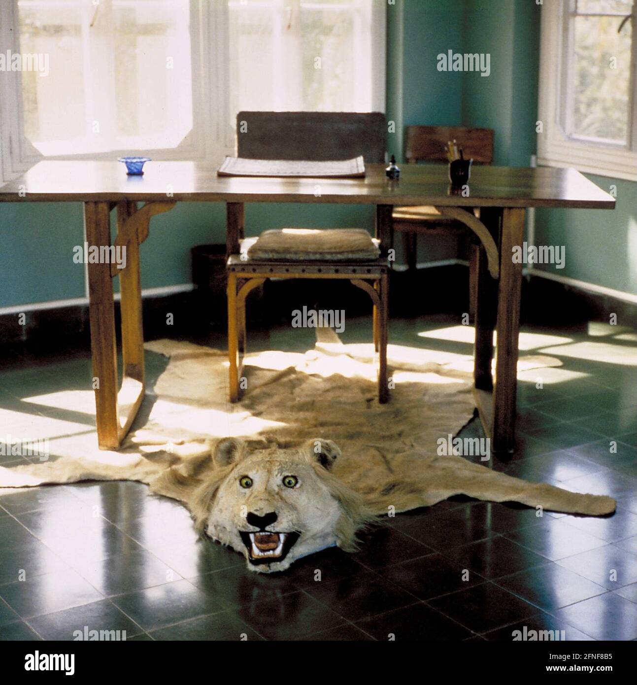 Desk on a lion skin in the study of the writer Ernest Hemingway in his ...
