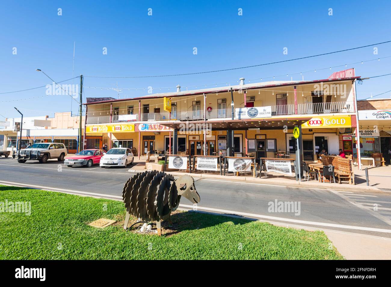 Sheep sculptures displayed in the main street of Winton, in front of ...