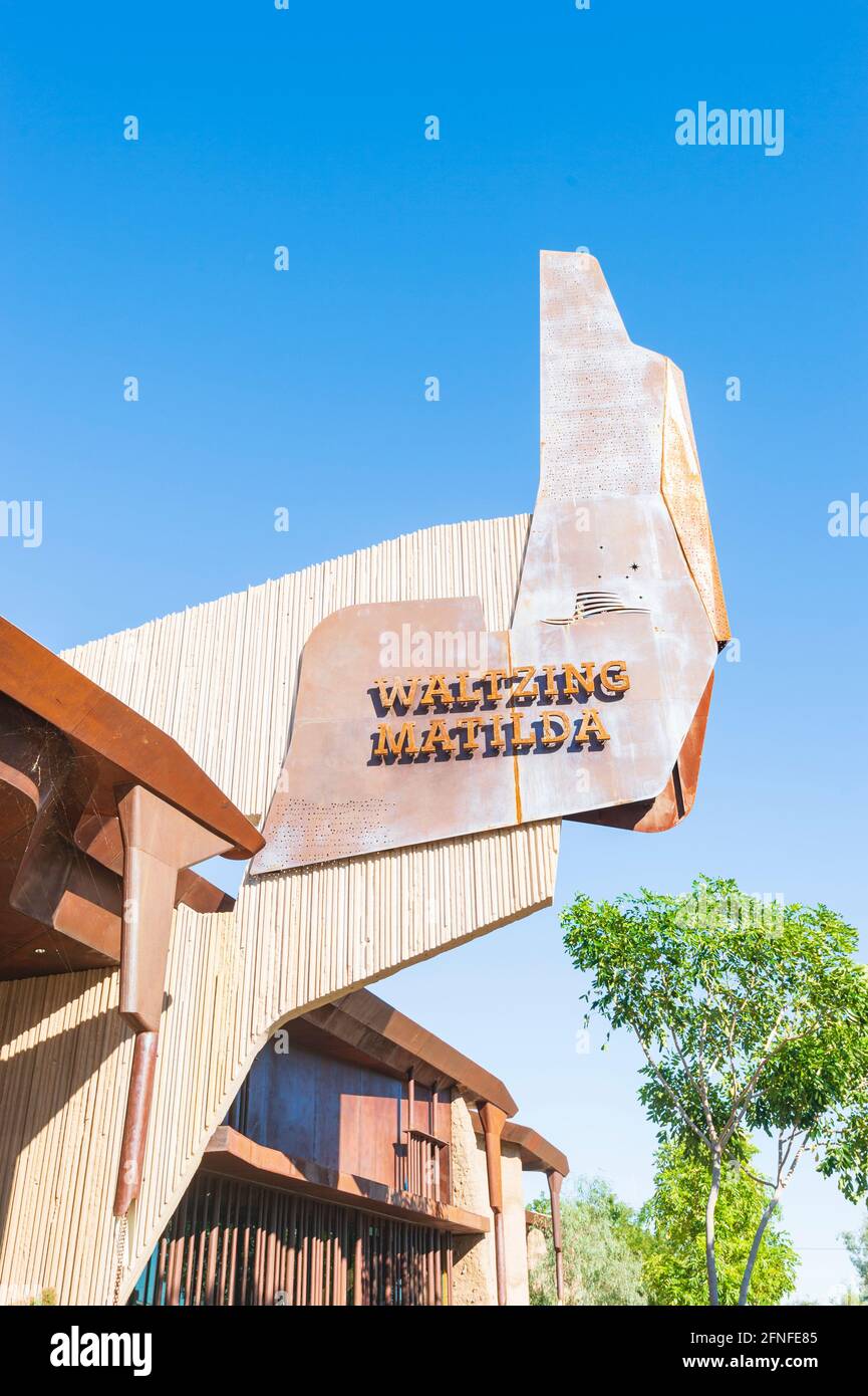Name sign at the entrance of the Waltzing Mathilda Centre, a popular ...