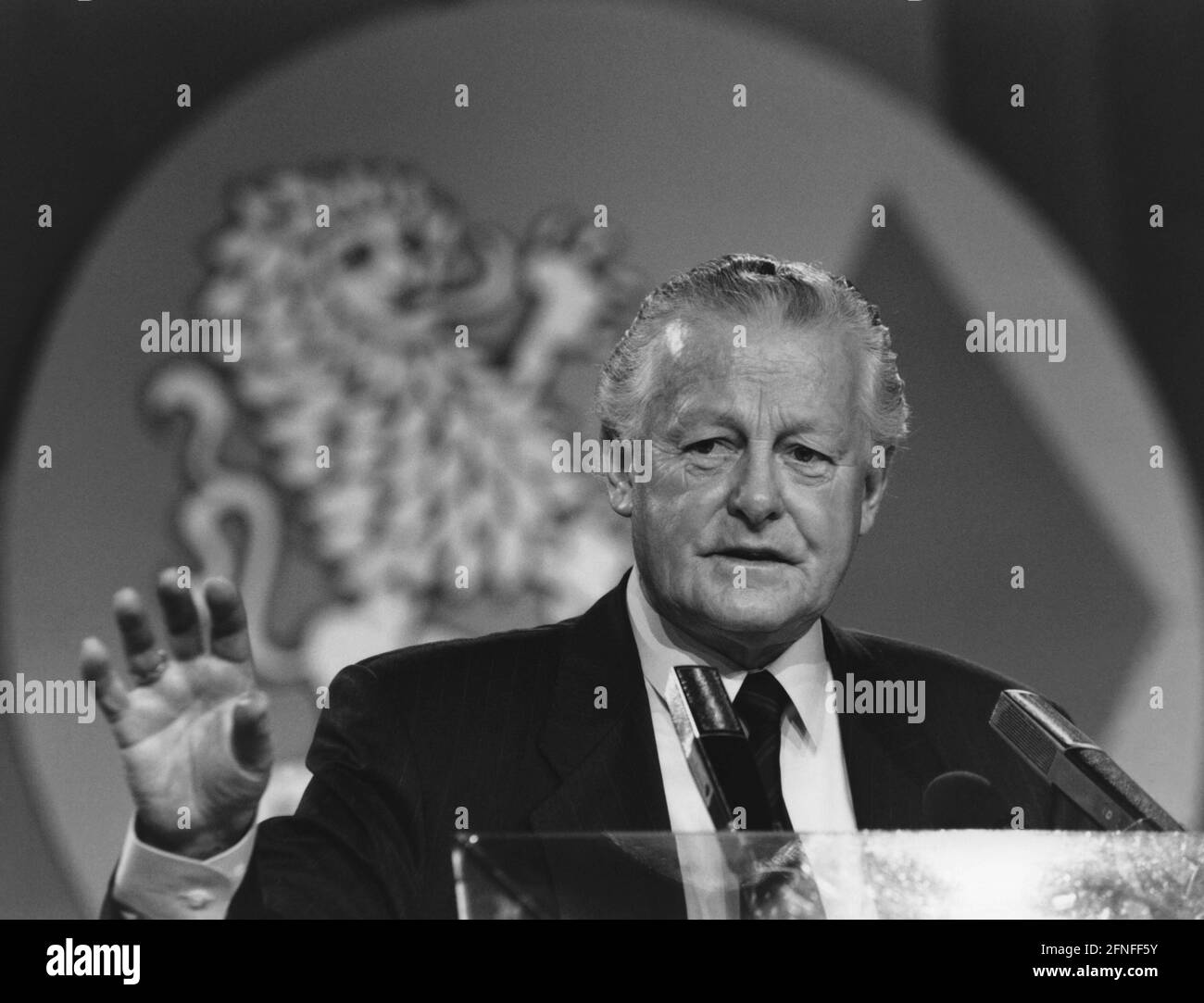 Max Streibl, politician, Bavarian Minister President during a speech ...