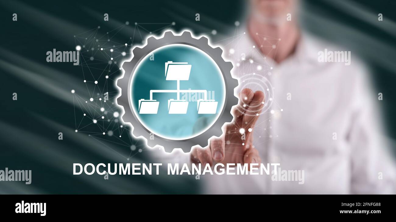 Man touching a document management concept on a touch screen with his ...