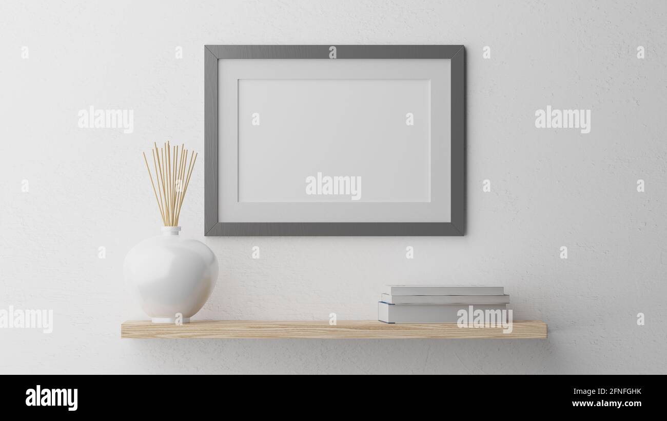 Poster mockup on a white wall with a brown/red frame. CGI image, 3D ...