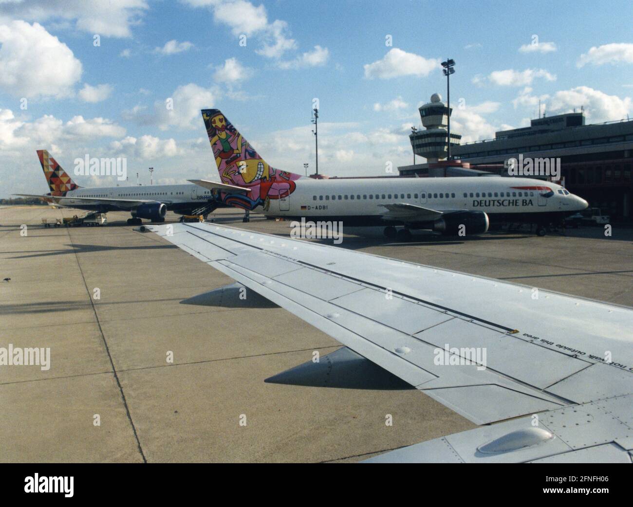 View from an aircraft window onto the apron of Berlin-Tegel Airport ...