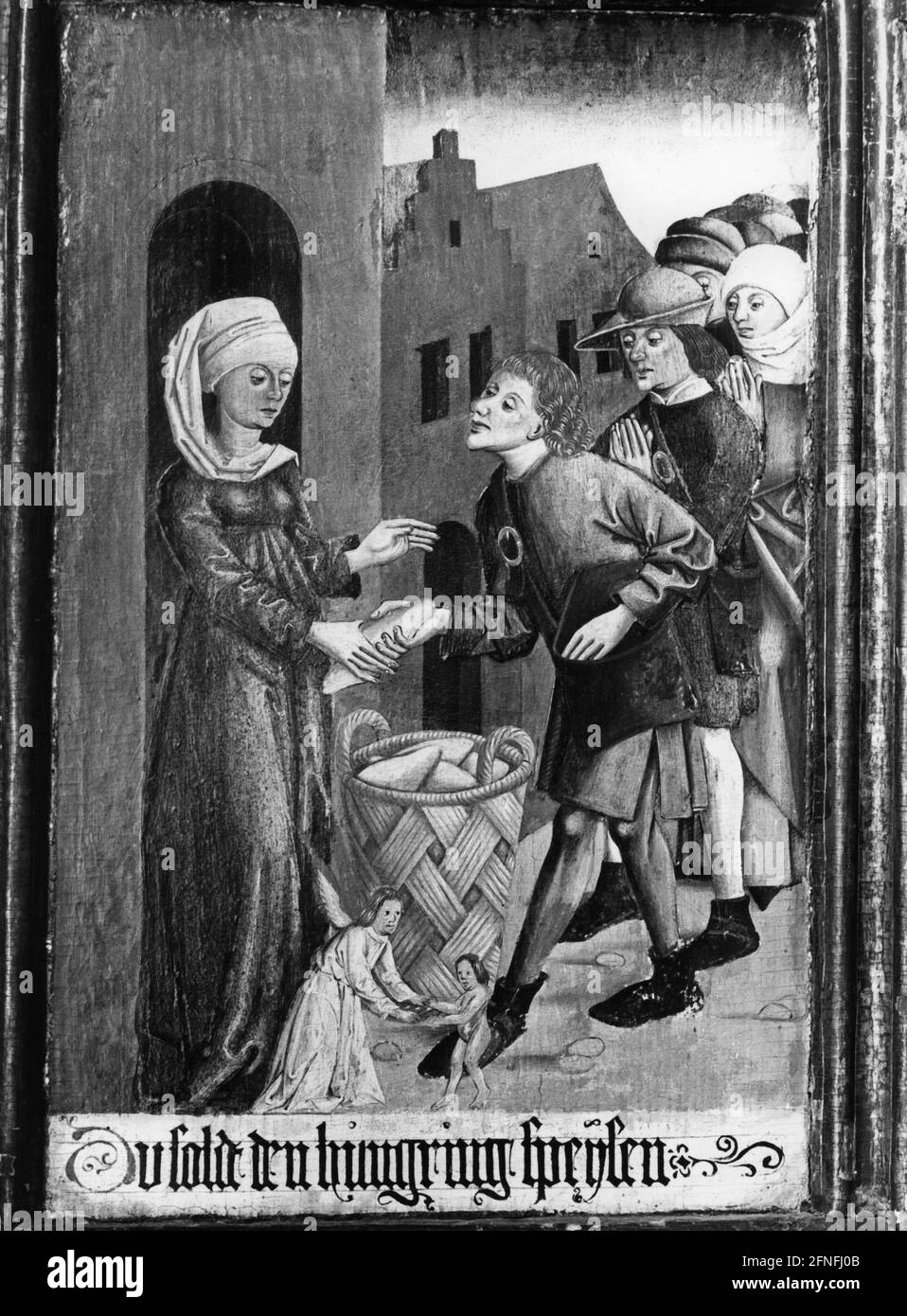 "A merciful woman distributes bread to those waiting in a line. Works ...