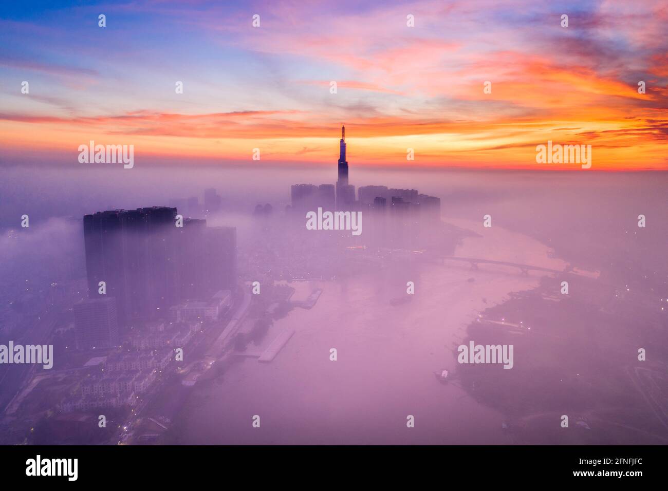 Aerial view of the fog over Ho Chi Minh City, Vietnam on June 2020. Photo by Trung Anh ...